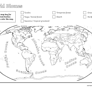 World Biomes Map Key and Coloring Worksheet for 3rd-5th Grade