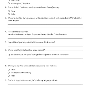 History of Chocolate Reading Comprehension Activity