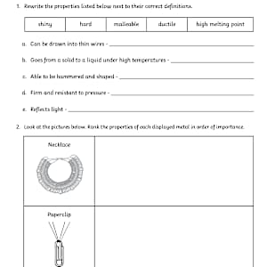 Properties of Metals Worksheet - Grade 5 - South Africa
