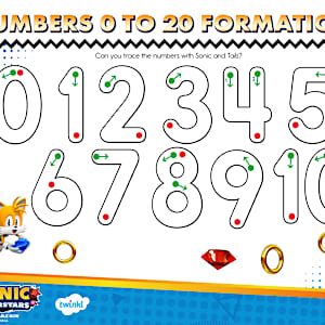Sonic: Sonic and Tails Number Formation 0-20 Worksheet